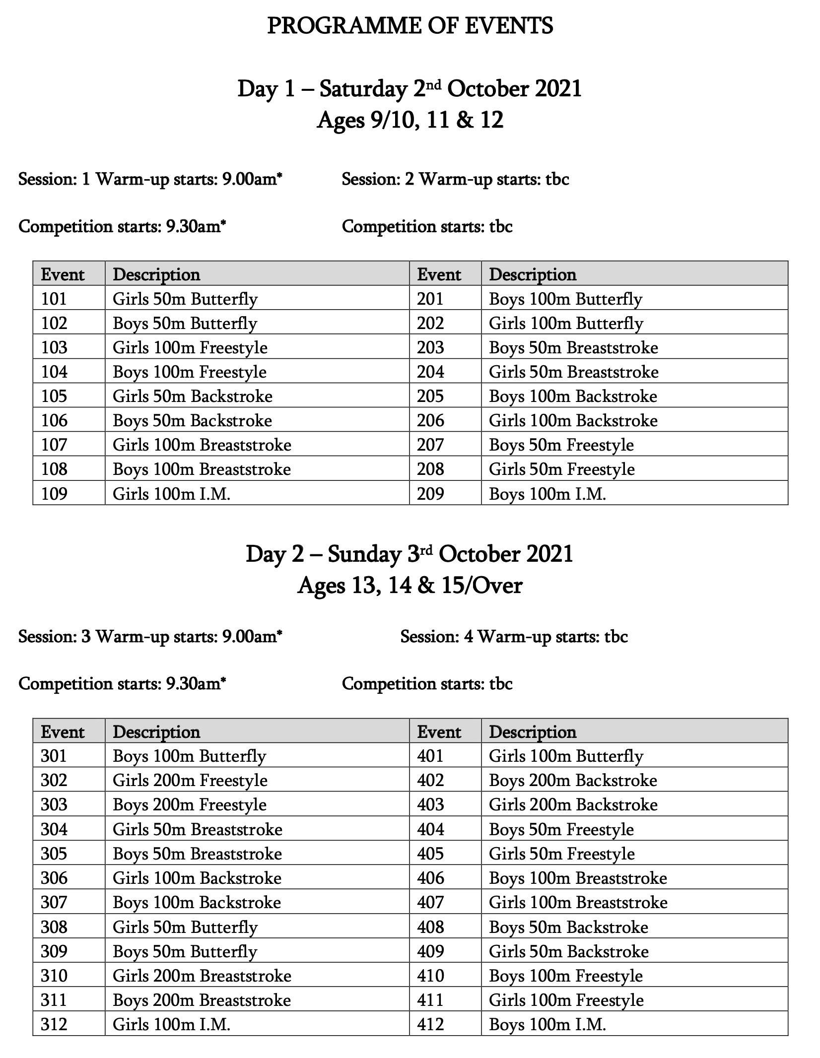 Programme of Events – Bridgwater Swim Club